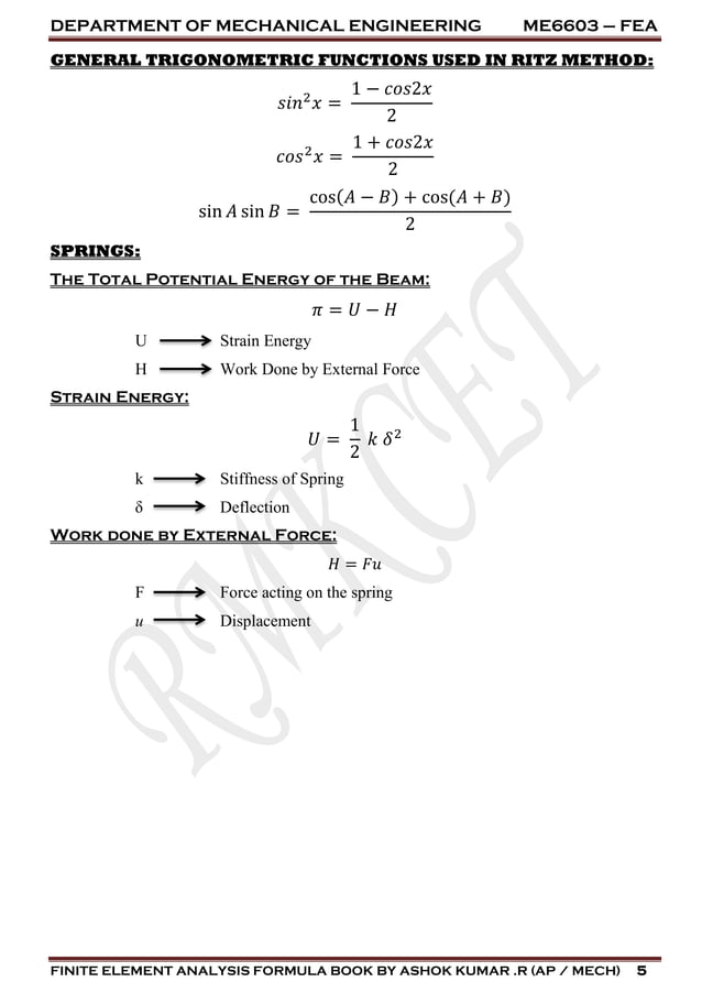 ME6603 - FINITE ELEMENT ANALYSIS FORMULA BOOK | PDF