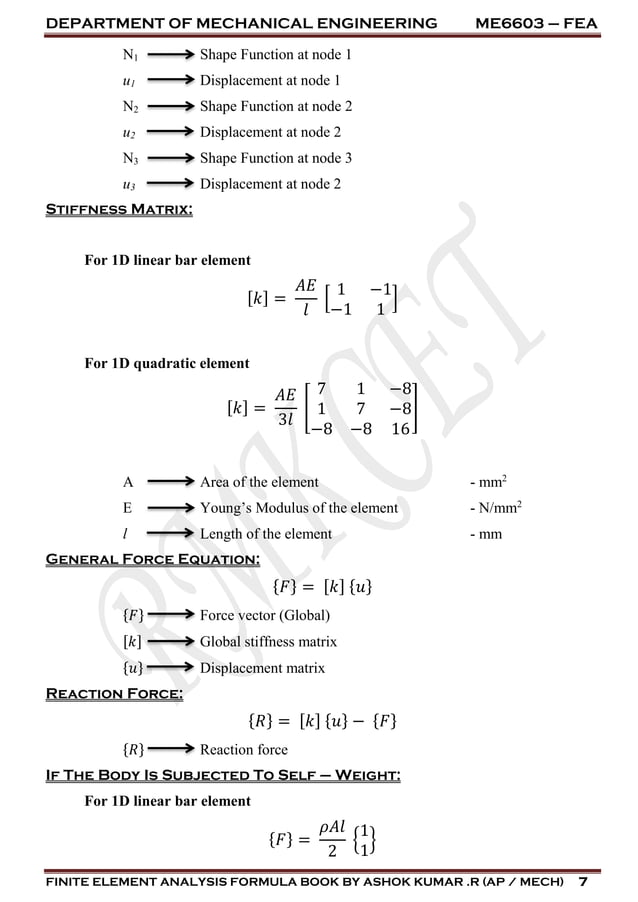 ME6603 - FINITE ELEMENT ANALYSIS FORMULA BOOK | PDF