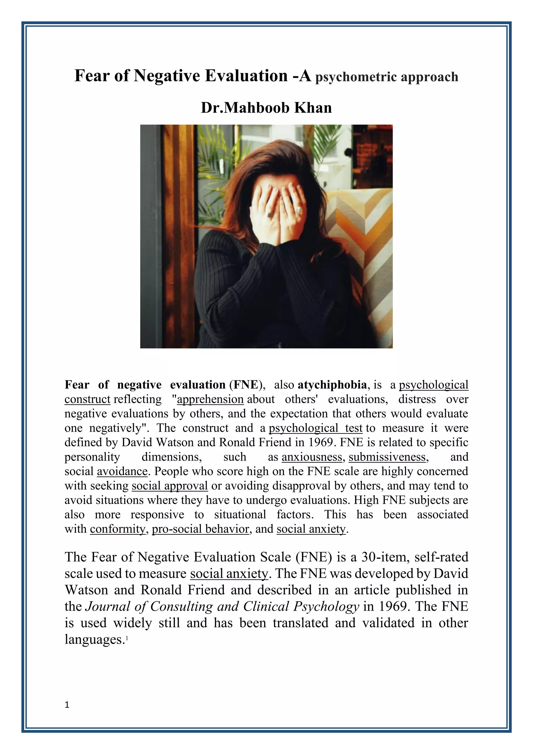 Fear of Negative Evaluation -A psychometric approach Dr.Mahboob Khan | PDF