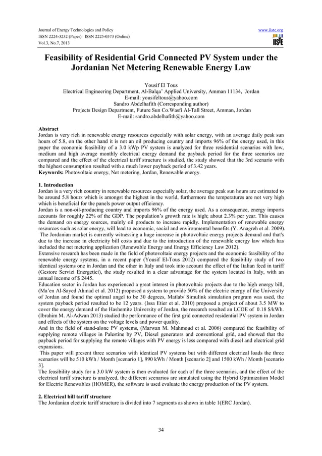 Feasibility Of Residential Grid Connected Pv System Under The Jordanian Net Metering Renewable