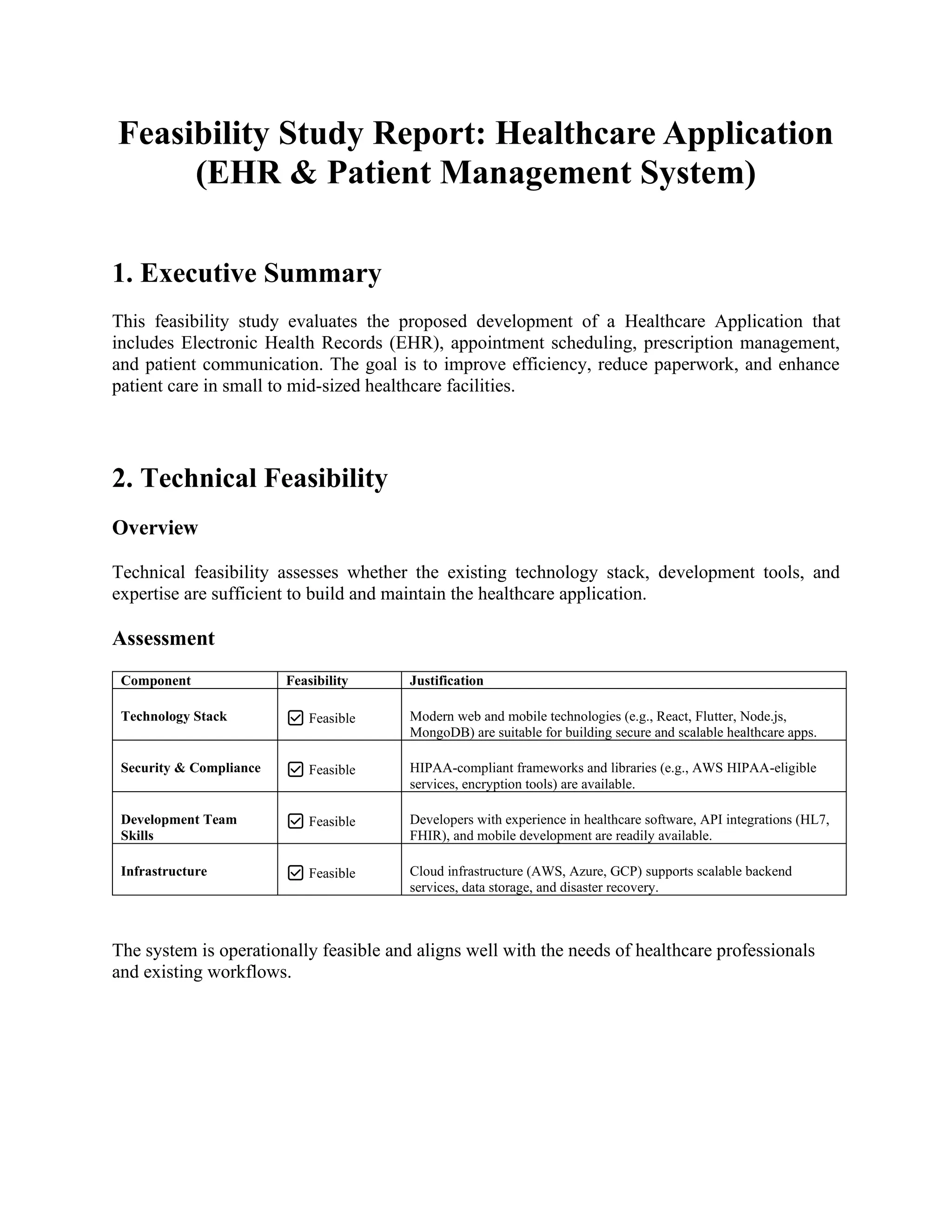 Feasibility Study Summary: Healthcare Application (EHR & Patient ...