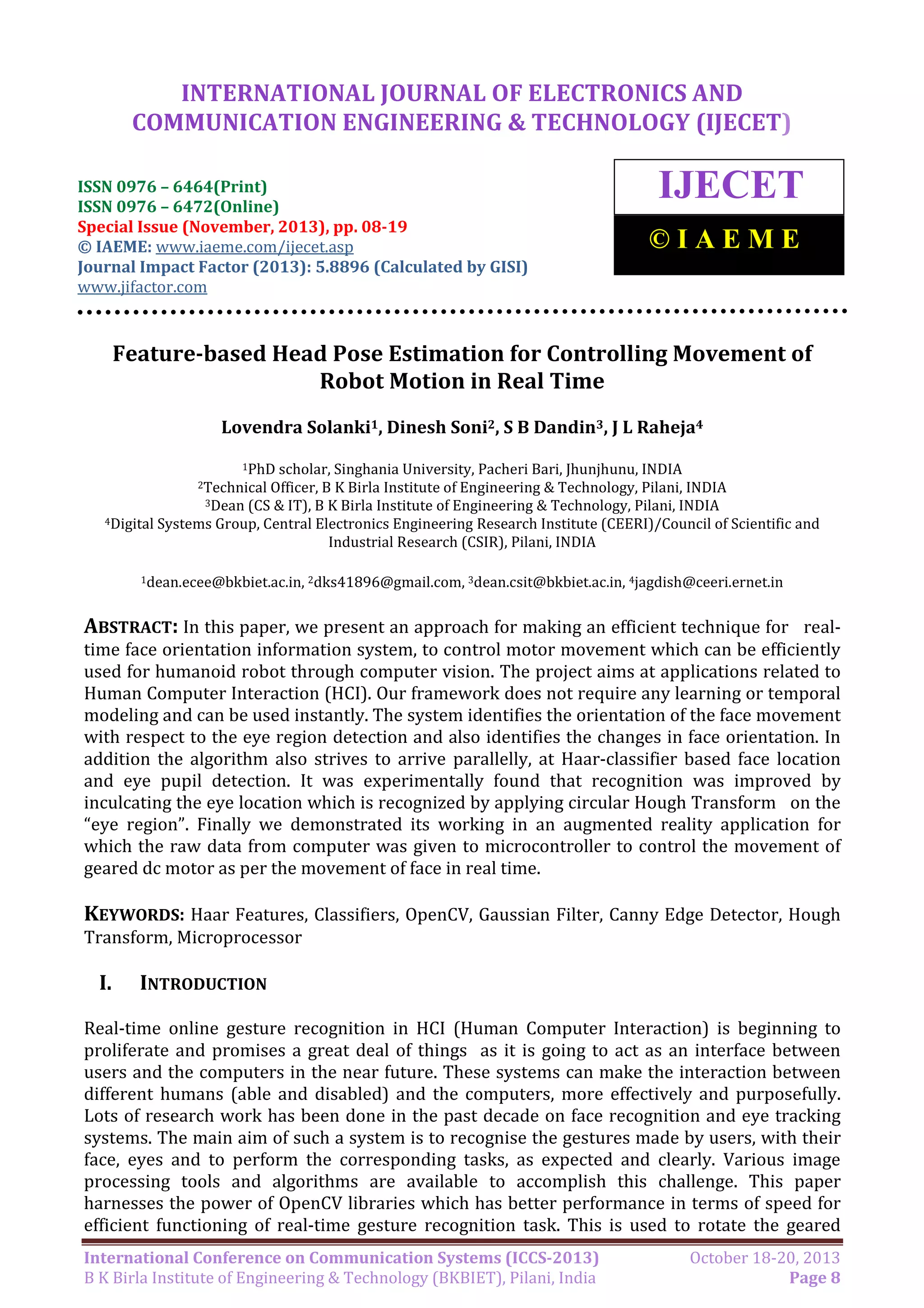 Feature based head pose estimation for controlling movement of | PDF