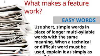 Feature-Writing and its Basic Elements, Tips, and Examples | PPTX