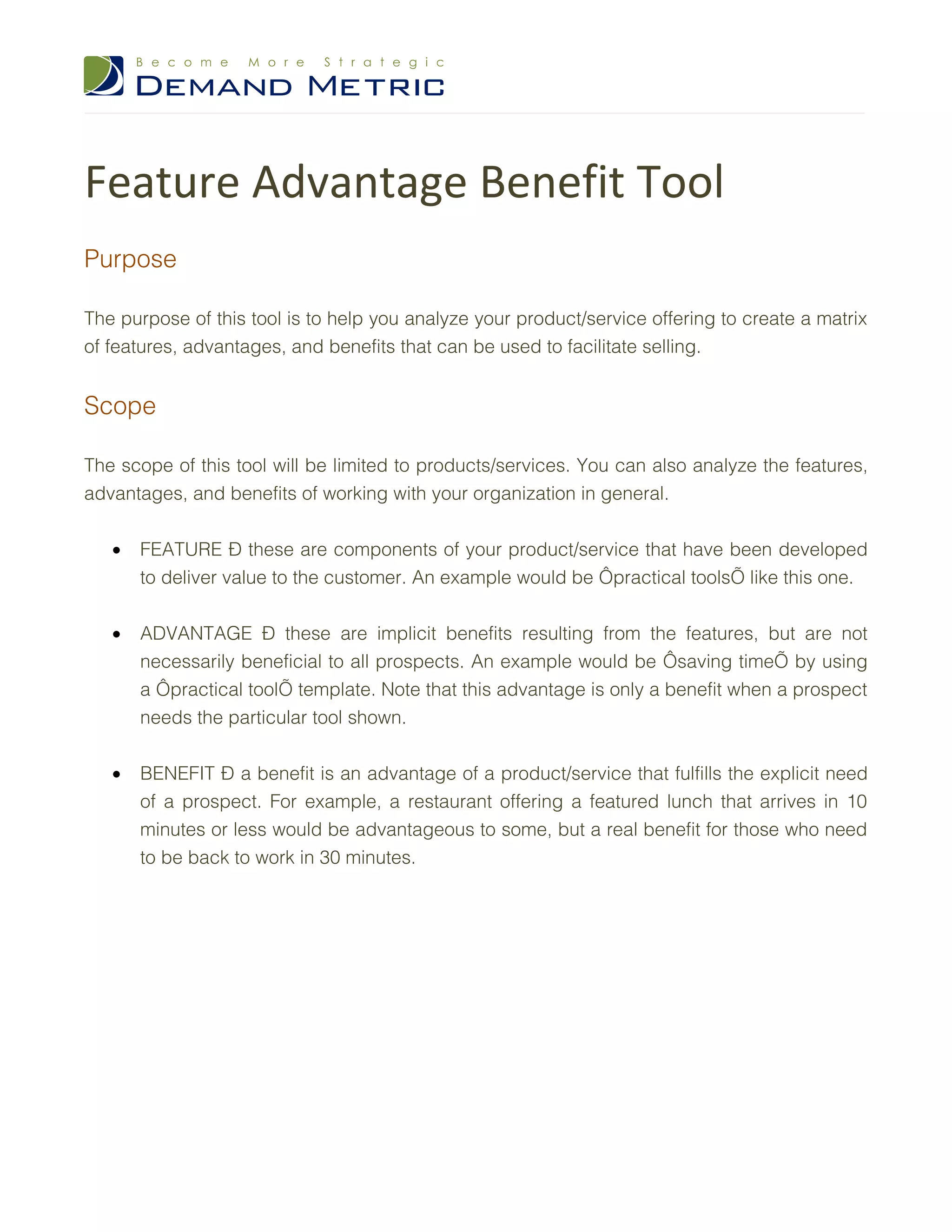 Feature Advantage Benefit Tool | DOC