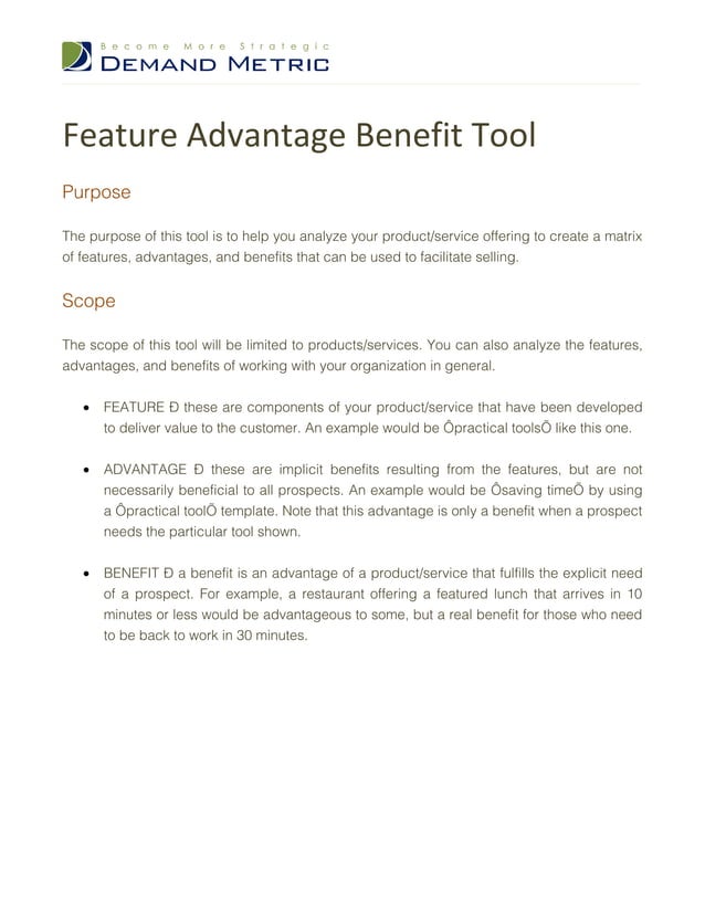 Feature Advantage Benefit Tool | PDF