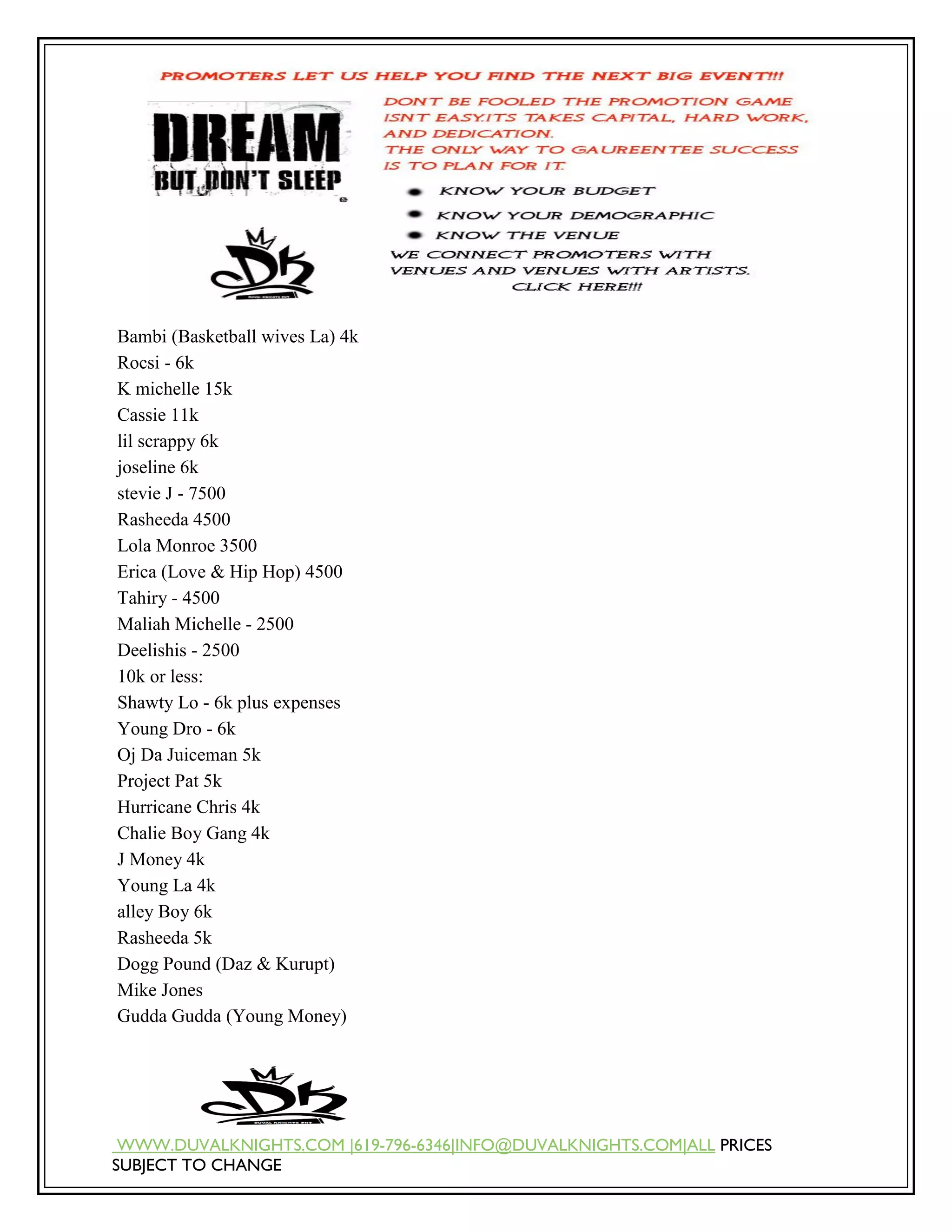 Featured artist price list | PDF