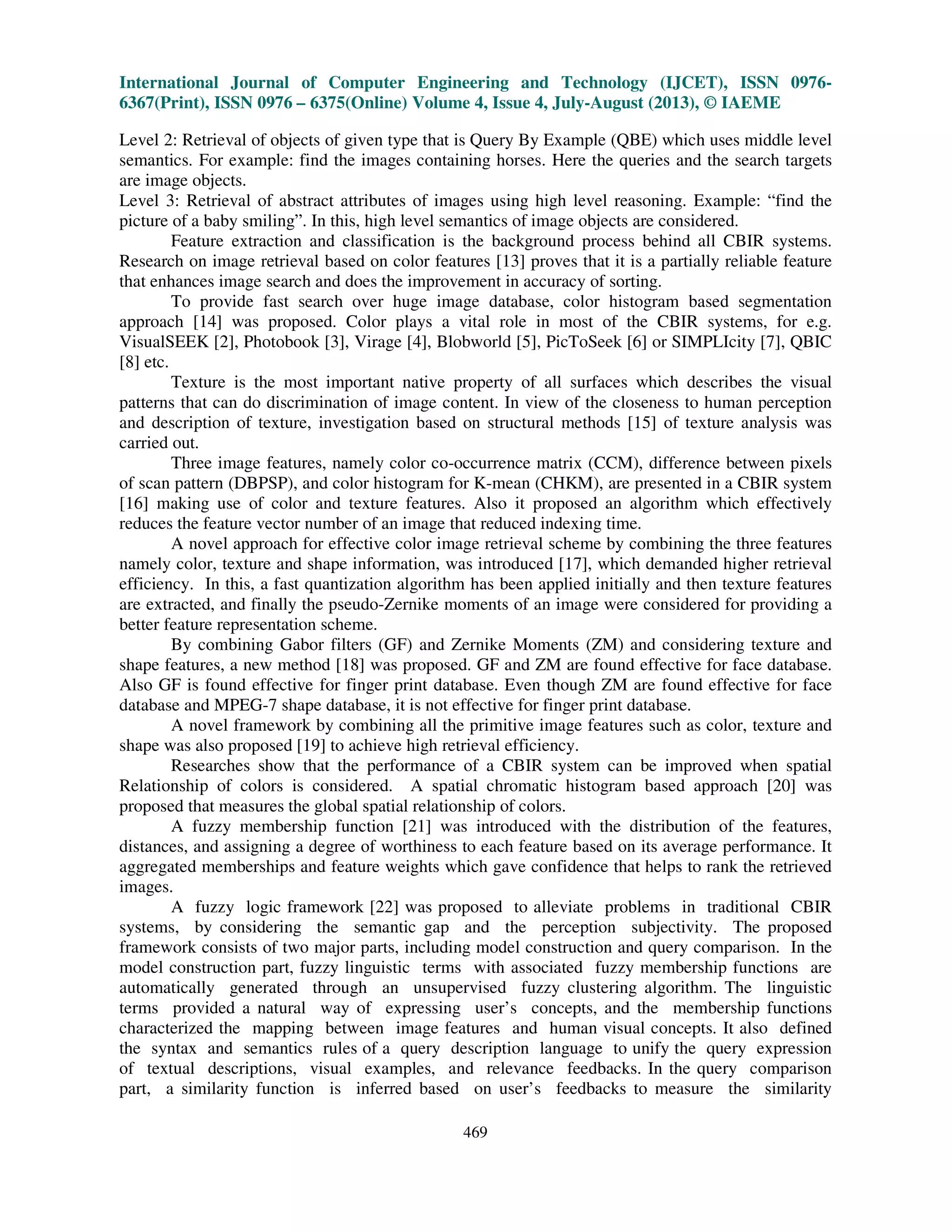 Feature Extraction Techniques On Cbir A Review Pdf