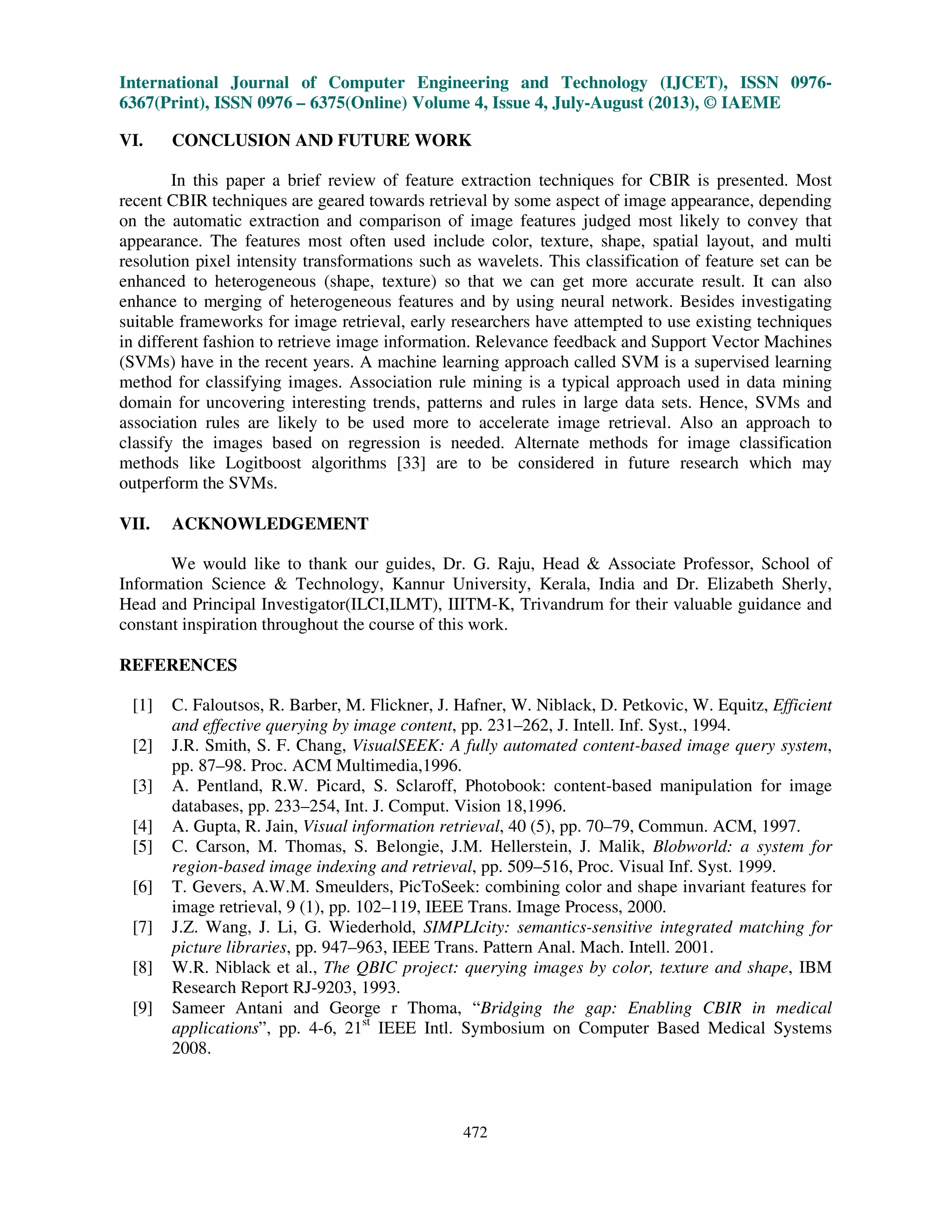 Feature Extraction Techniques On Cbir A Review Pdf