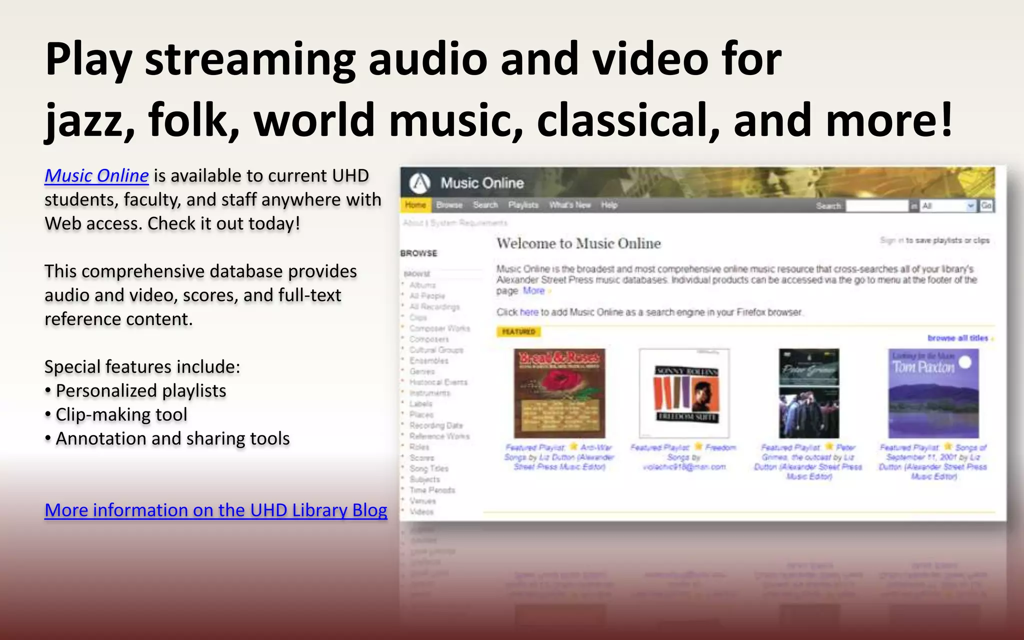 UHD Library Featured Resources and Services - August 2009 | PPTX