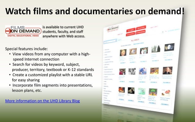 UHD Library Featured Resources and Services - August 2009 | PPTX