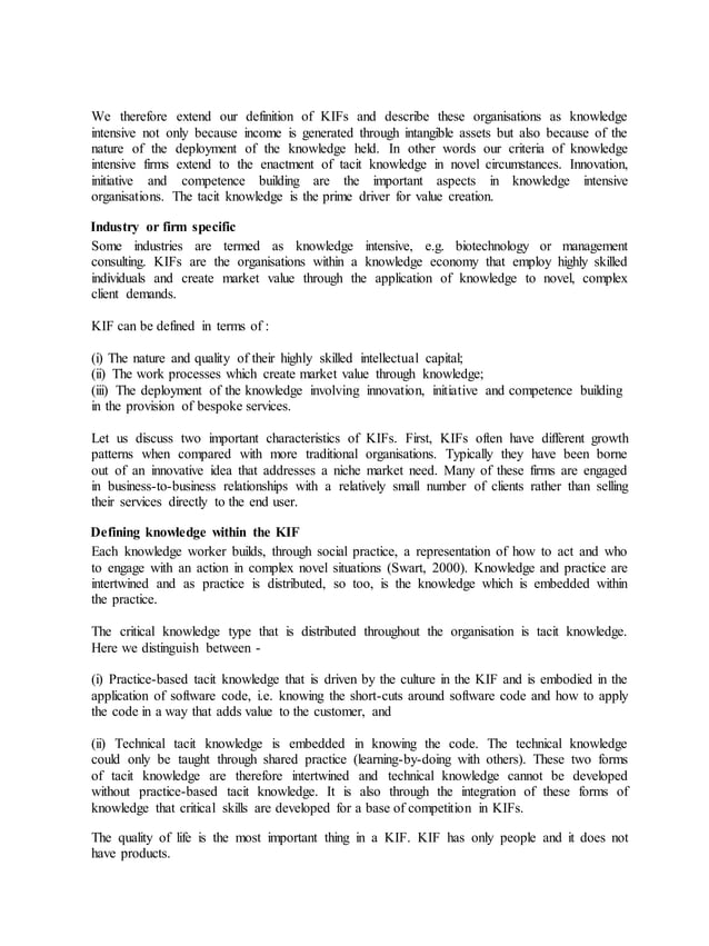 Features and key processes in knowledge intensive firms | DOC