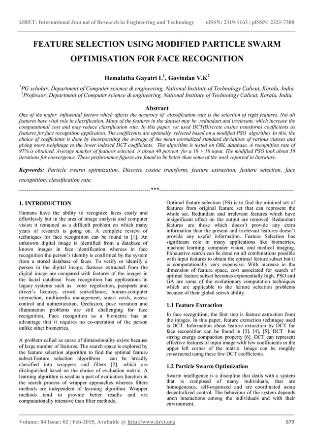 Feature selection using modified particle swarm optimisation for face recognition | PDF ...