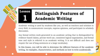 features of academic writing - Grade 7 English Lesson | PPTX