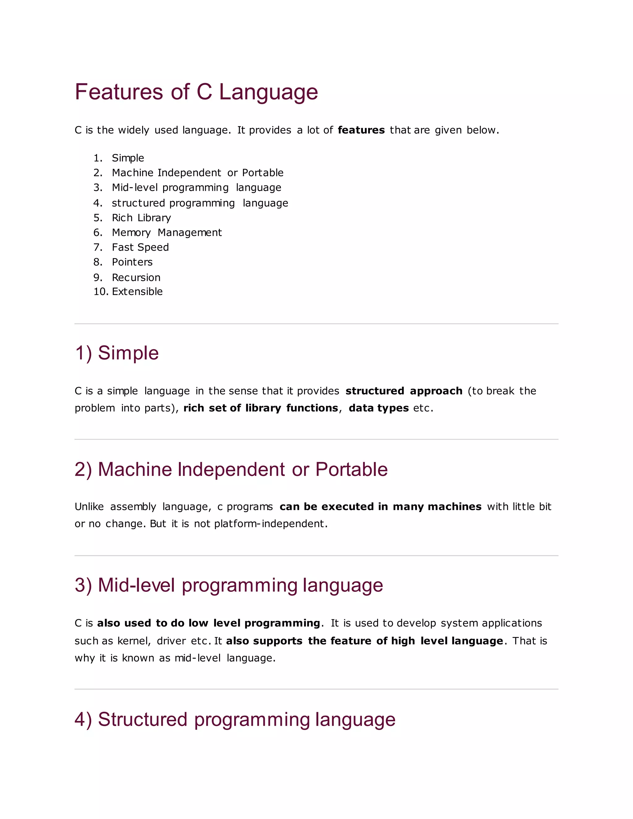 Features of c language 1 | DOCX