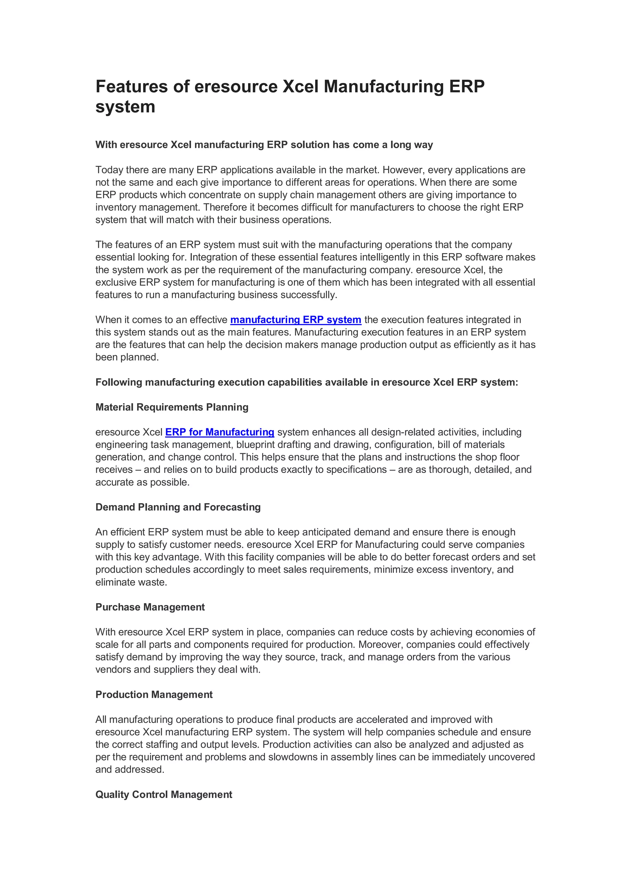 Features of eresource xcel manufacturing erp | PDF