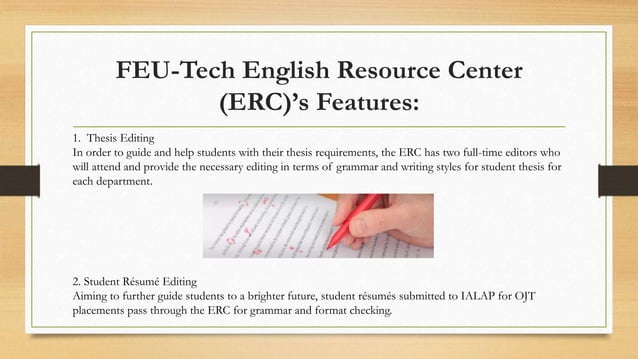 Features of FEU Tech Library and English Resource Center | PPTX