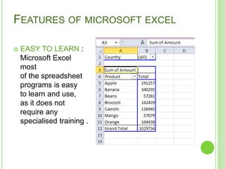 FEATURES OF MICROSOFT EXCEL | PPTX
