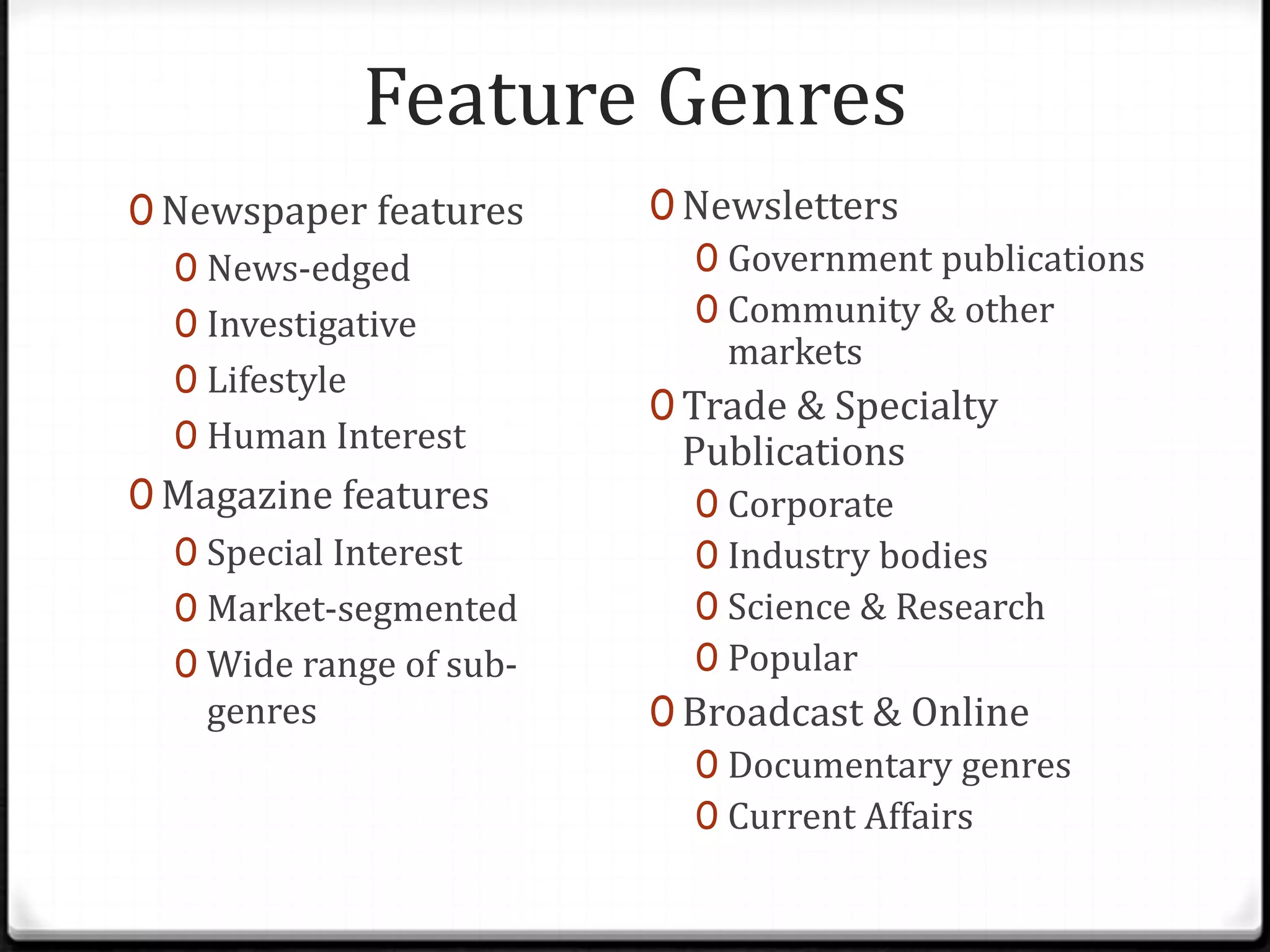 Feature stories across the genres | PPTX