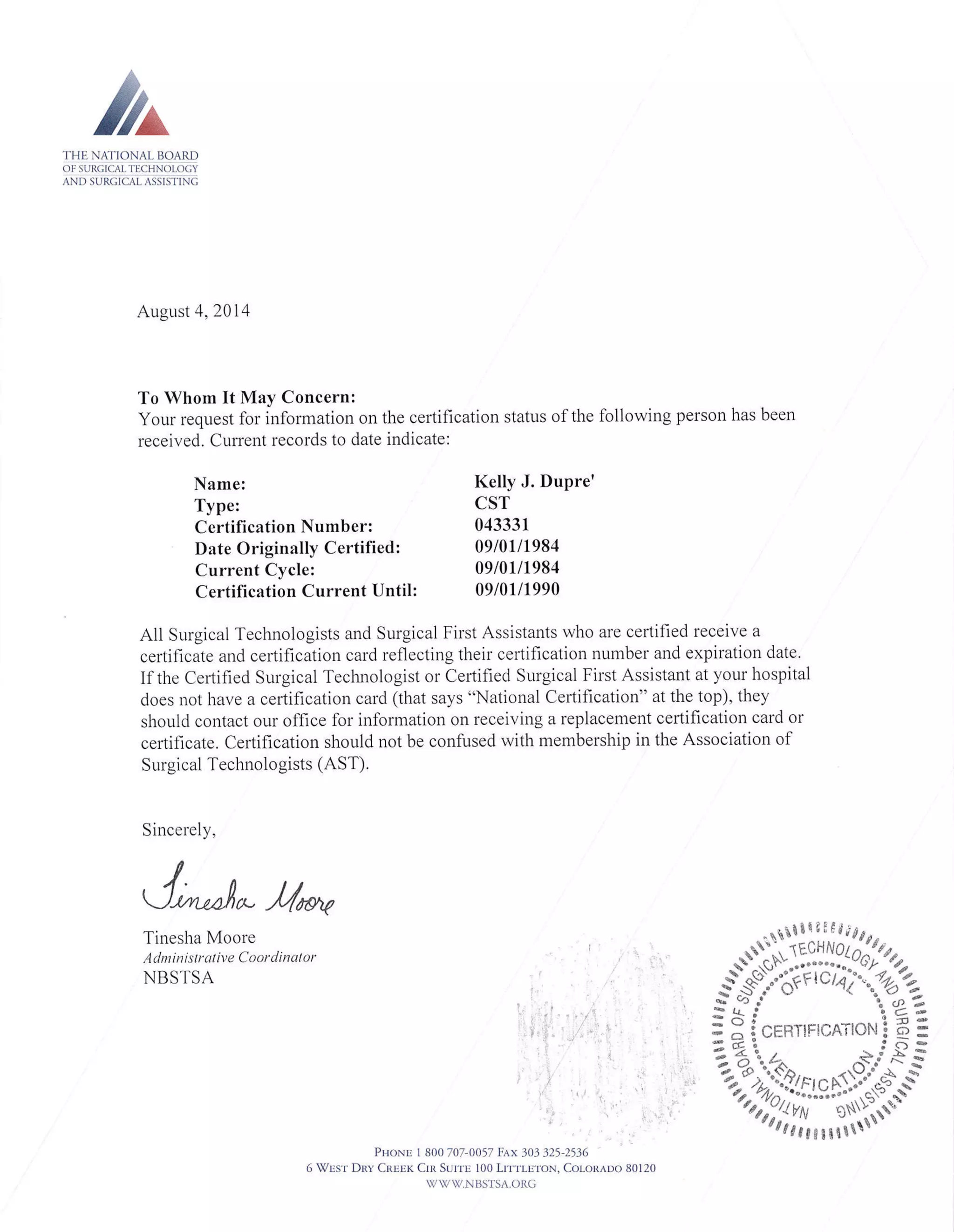 Verification of Surgical Tech. Certification | PDF