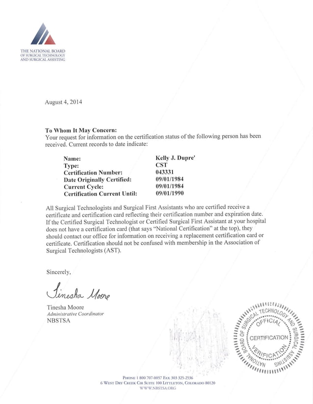 Verification of Surgical Tech. Certification | PDF