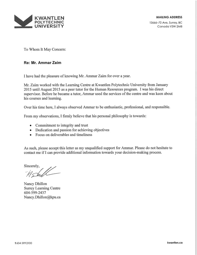 Ammar Zaim Tutoring Reference Letter | PDF