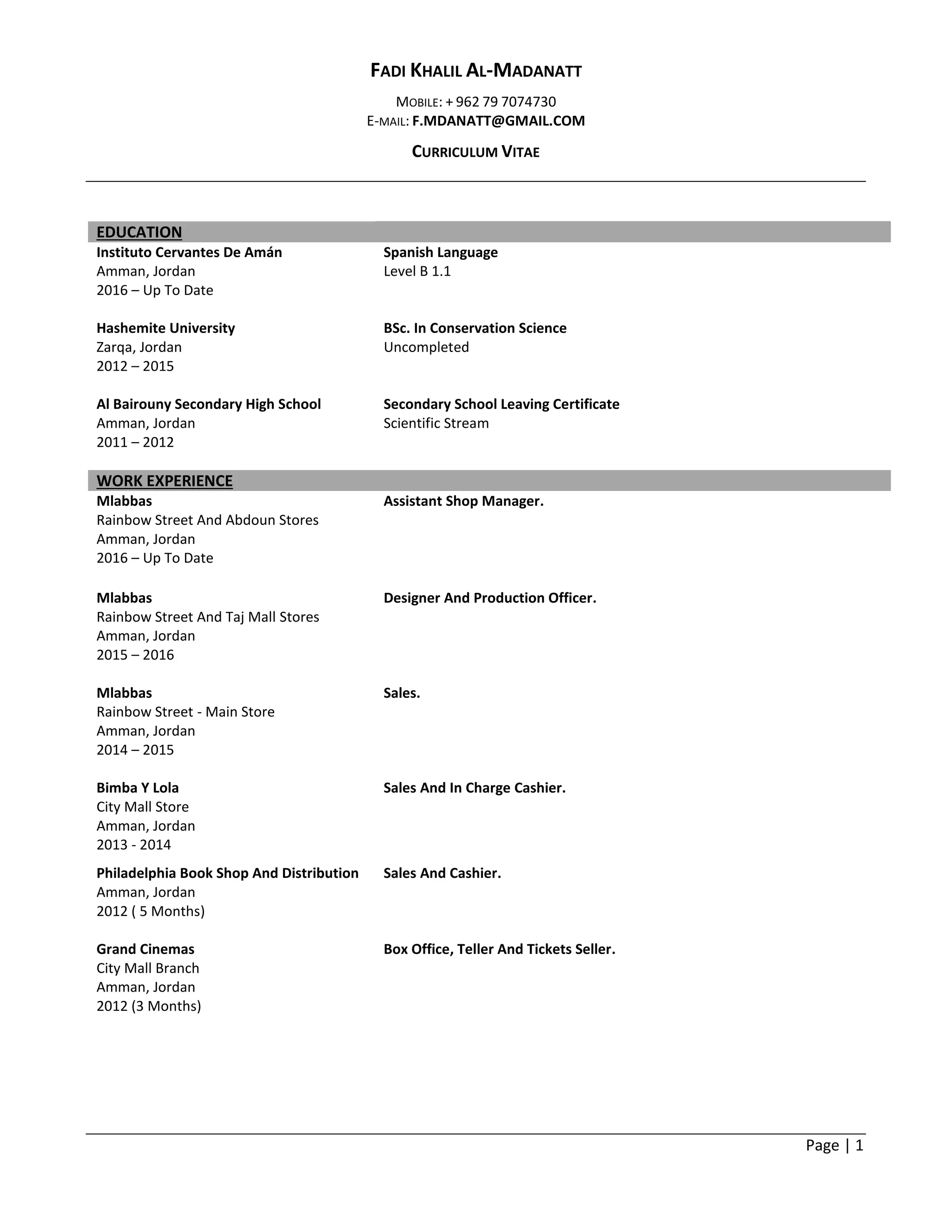 Fadi Al-Madanatt Curriculum Vitae. As At Dec. 2016. | PDF