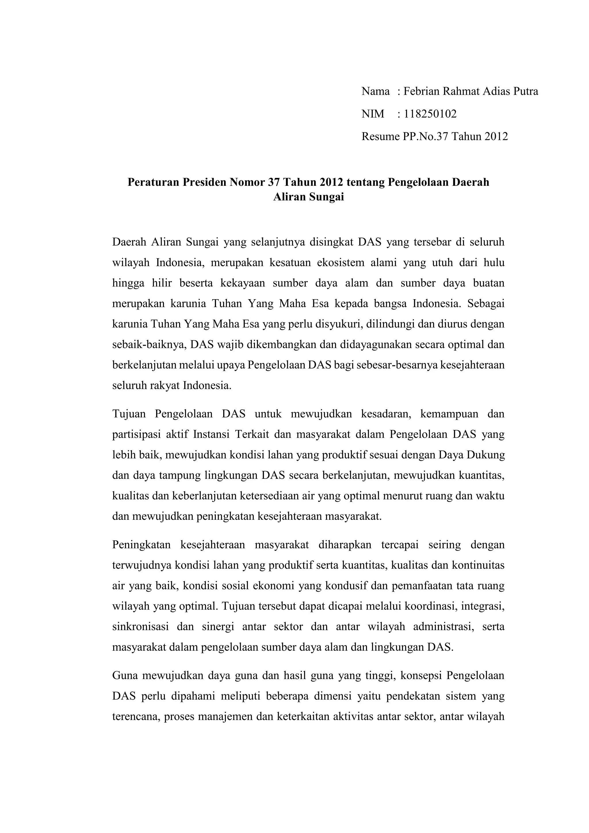 Resume Peraturan Pemerintah Nomor 37 tahun 2012 | PDF