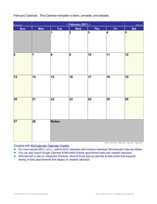 February 2011 Calendar | DOC | Technology & Computing