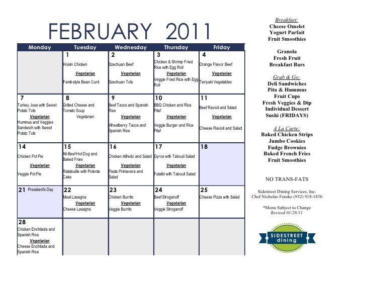 February Hot Lunch Menu