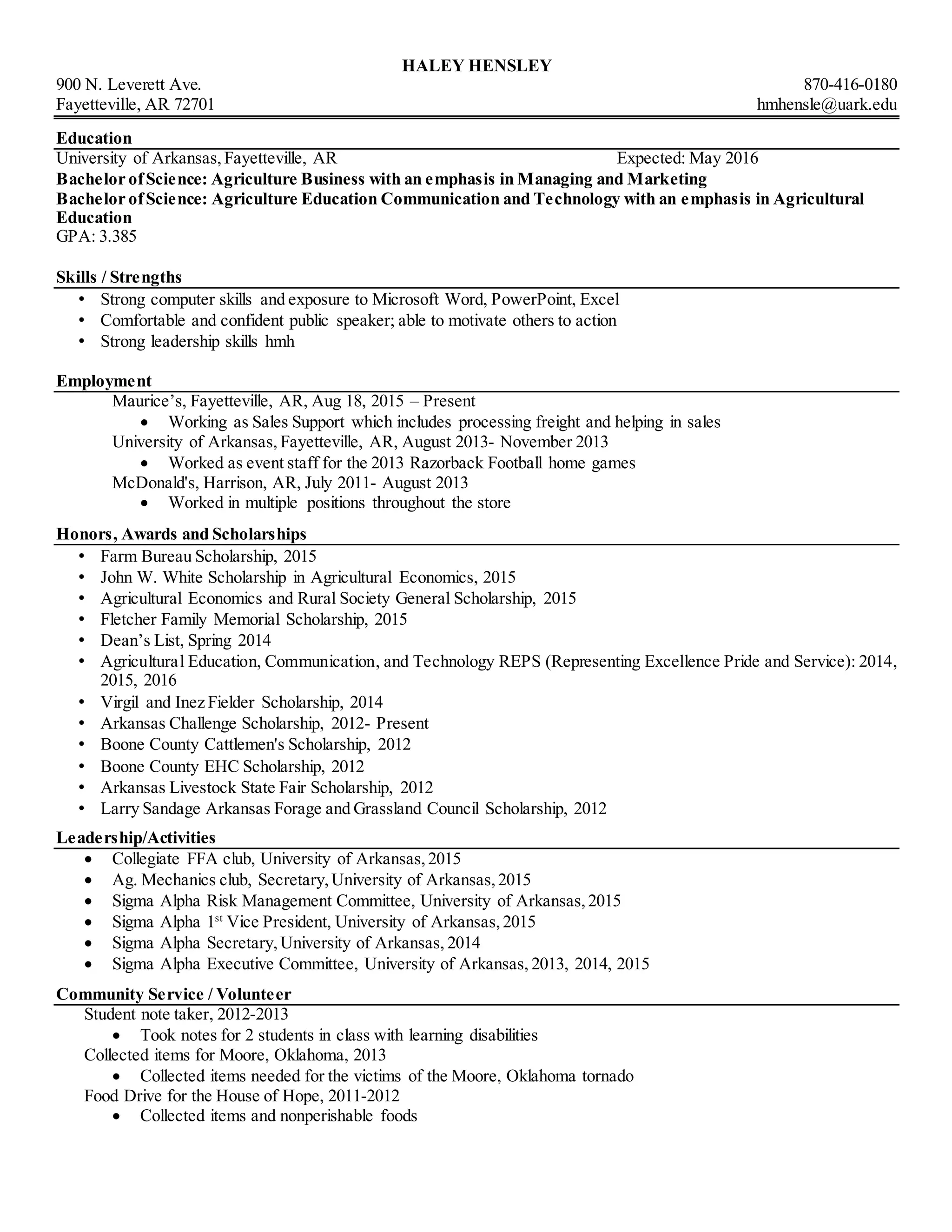Haley's Resume_2015_M | DOCX | Business | Business and Finance