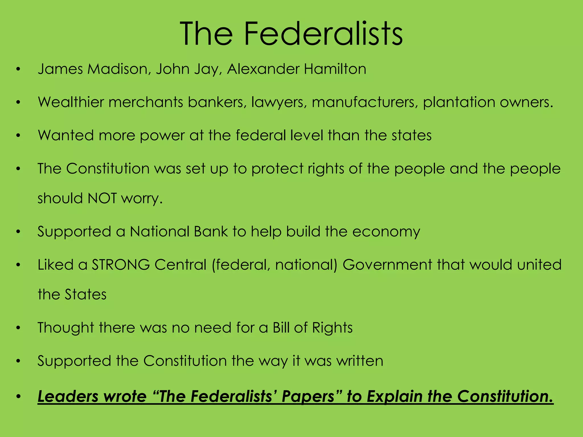 Federalists vs. Anti-Federalists Notes | PPT