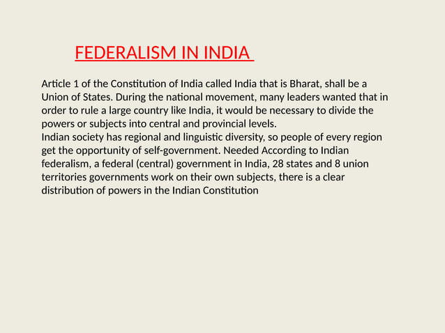 FEDERALISM IN INDIAN CONSTITUTAND POWER SHARINGION | PPT