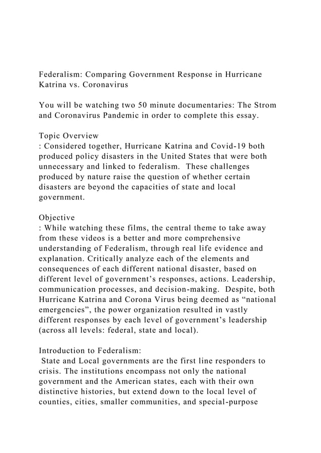 Federalism Comparing Government Response in Hurricane Katrina v.docx ...