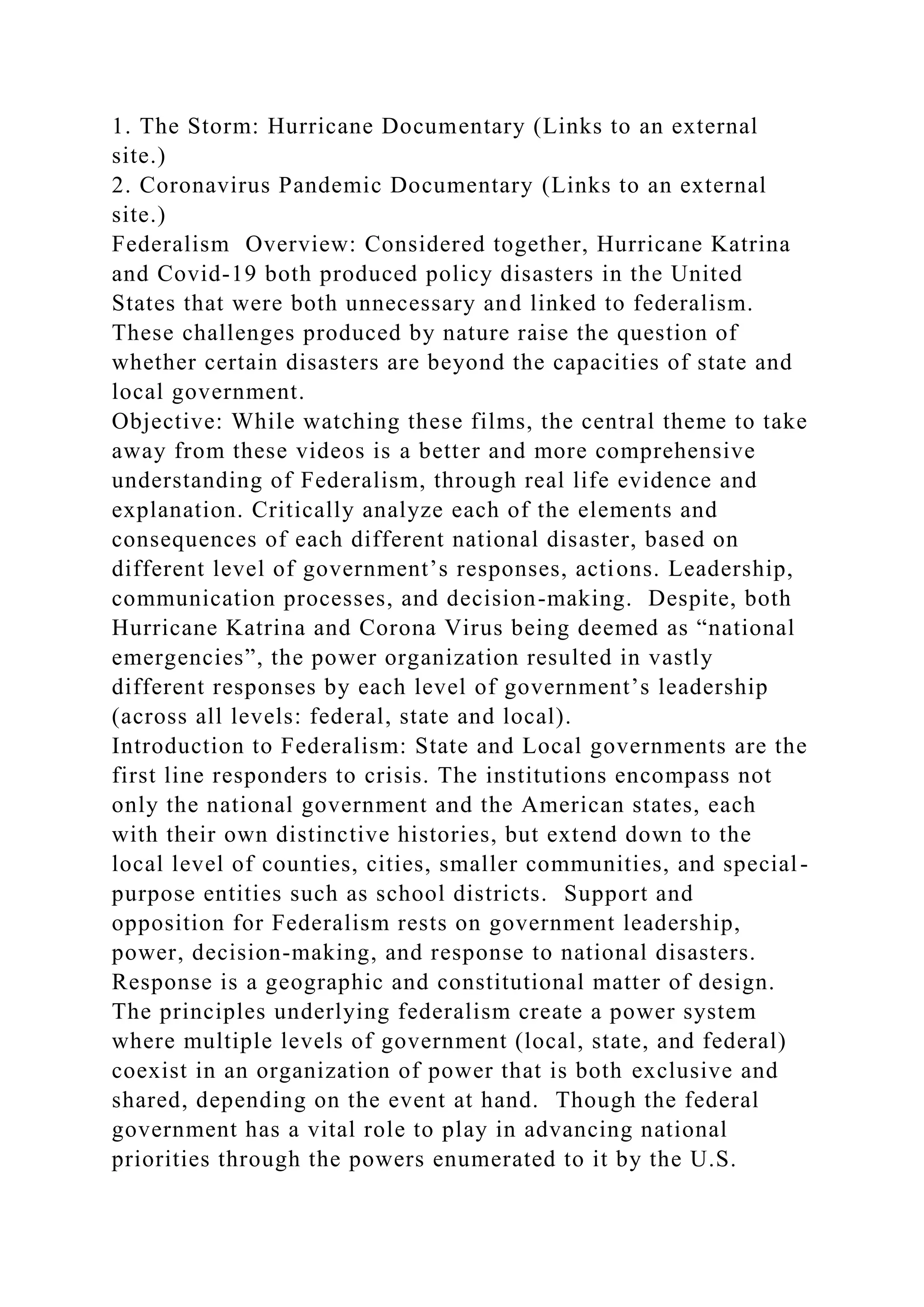 Federalism Comparing Government Response in Hurricane Katrina vs..docx