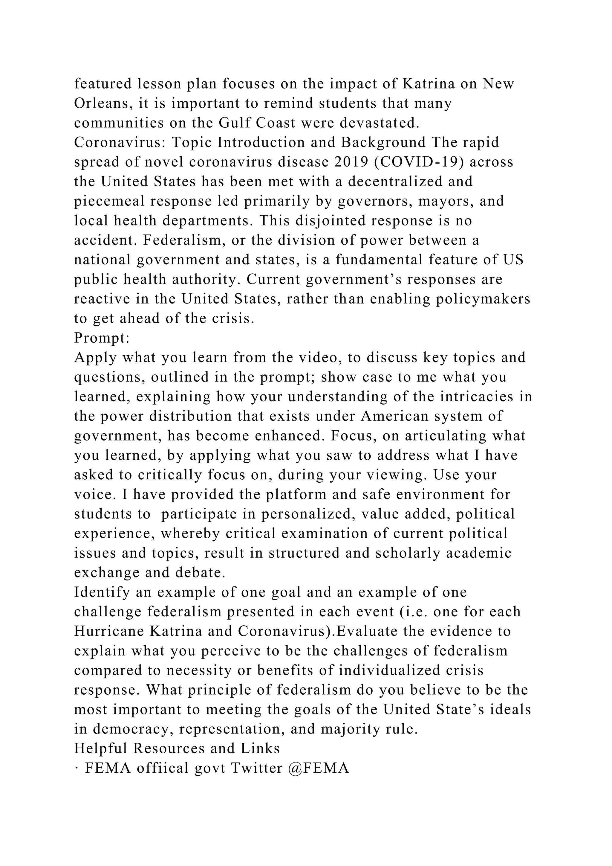 Federalism Comparing Government Response in Hurricane Katrina vs..docx