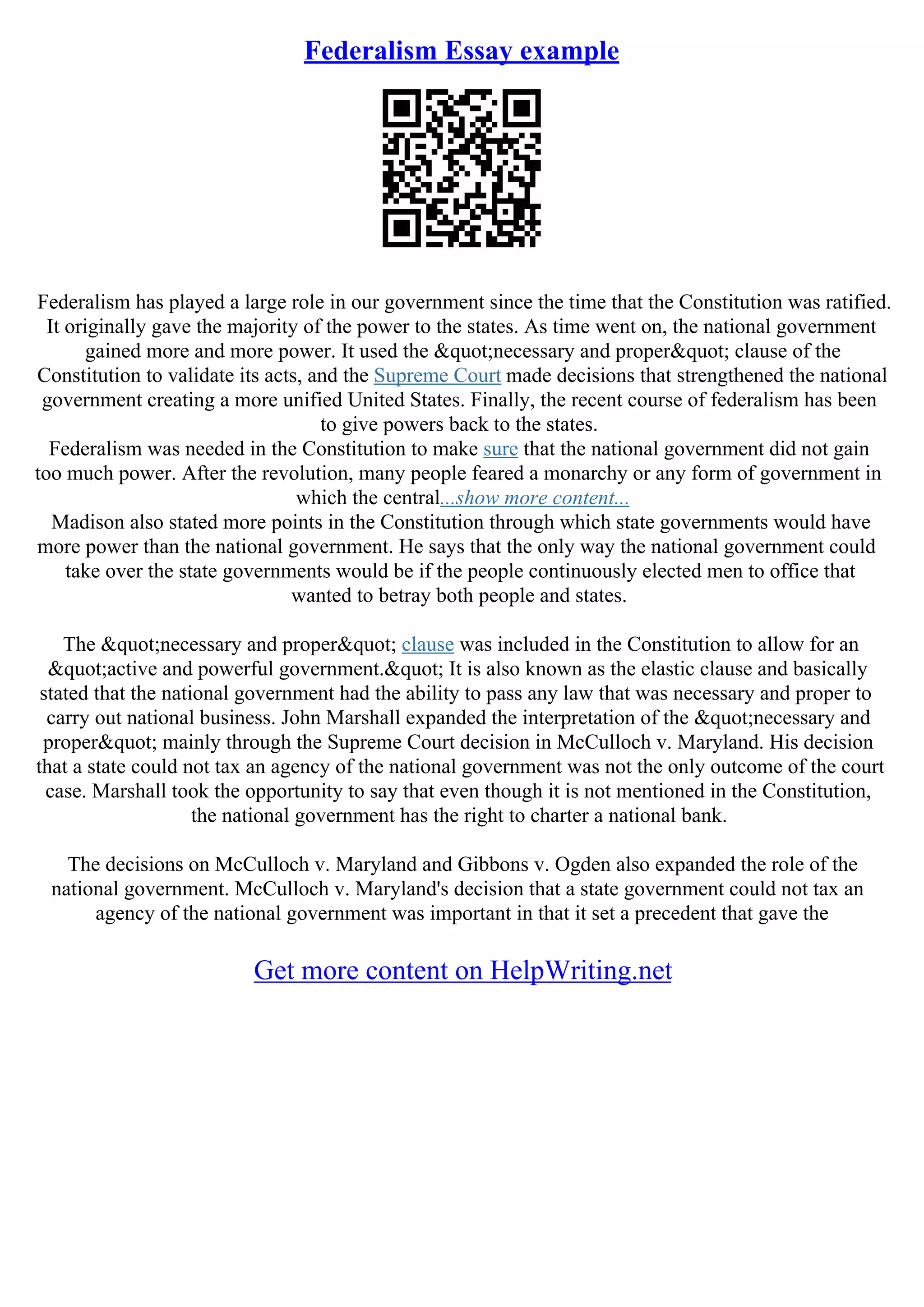 Federalism Essay | PDF