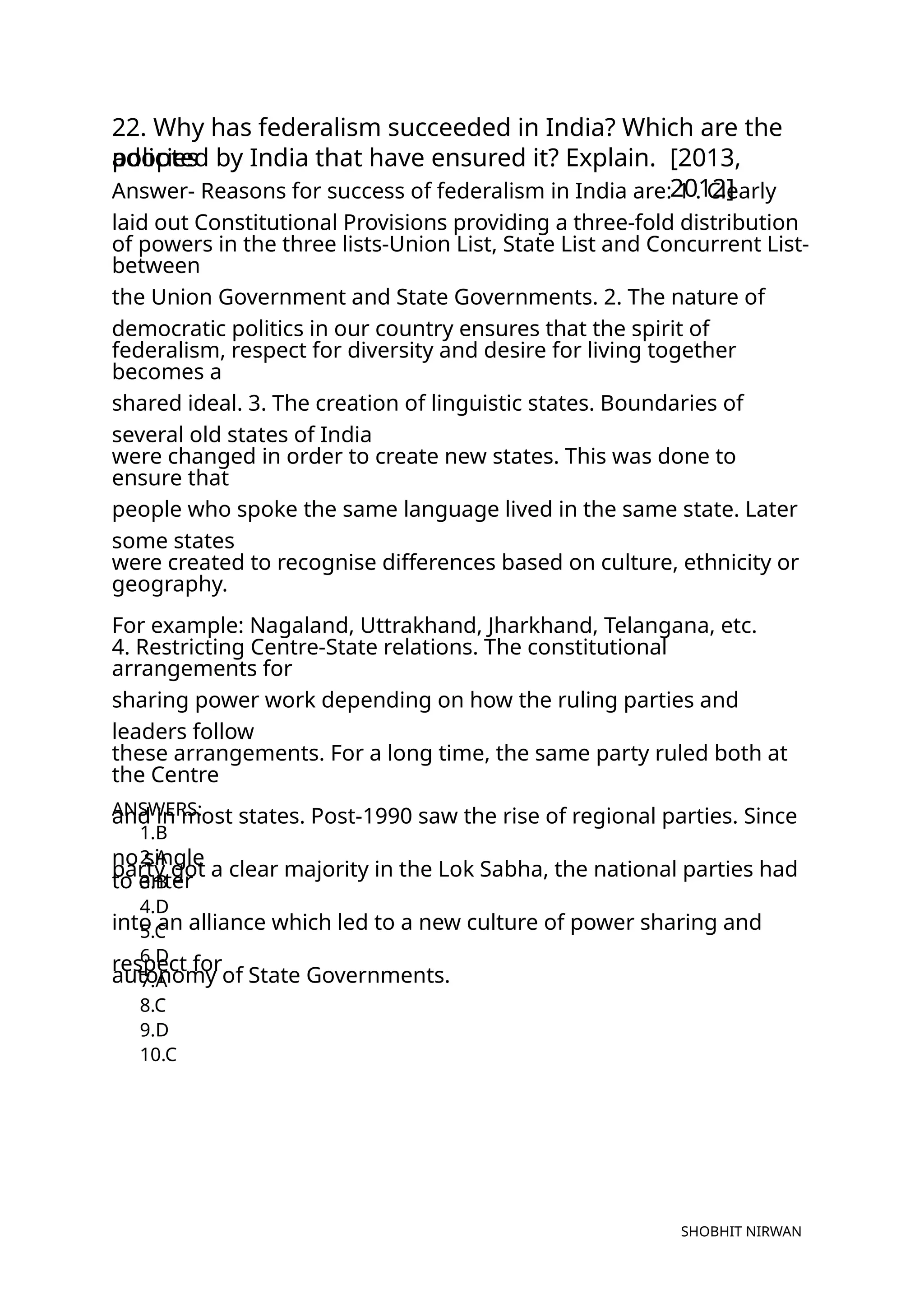 Federalism Shobhit Nirwan.pdf for class 10 cbse | PPTX