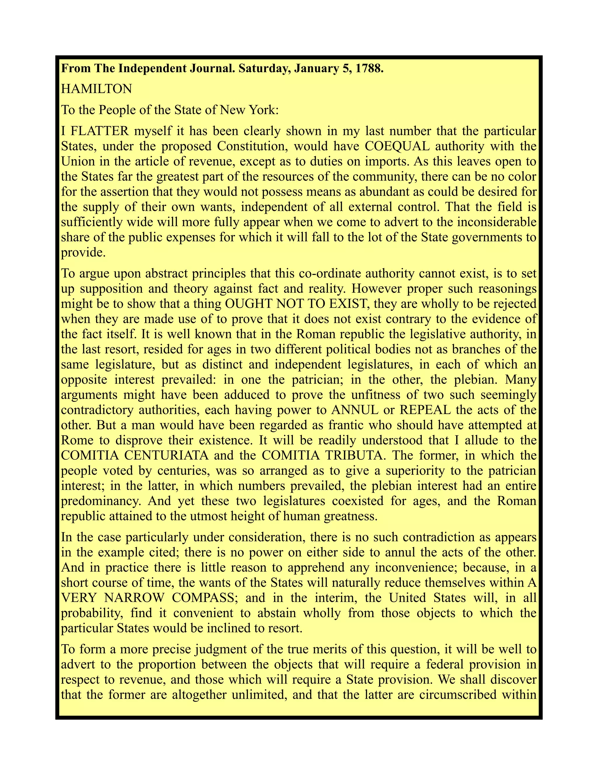 Federalist Papers No 34, Power of Taxation, cont. | PDF