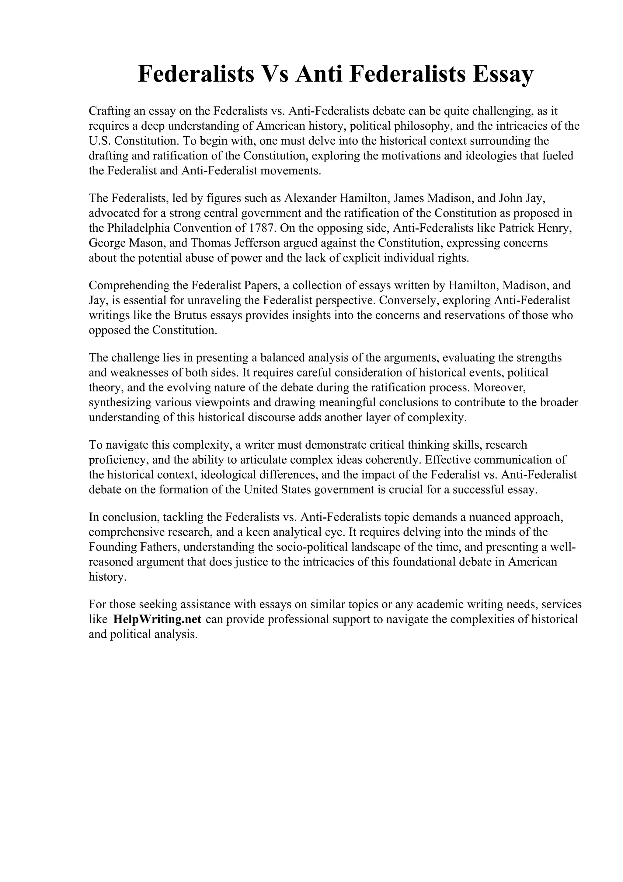 Federalists Vs Anti Federalists Essay. PPT - Antifederalist v ...