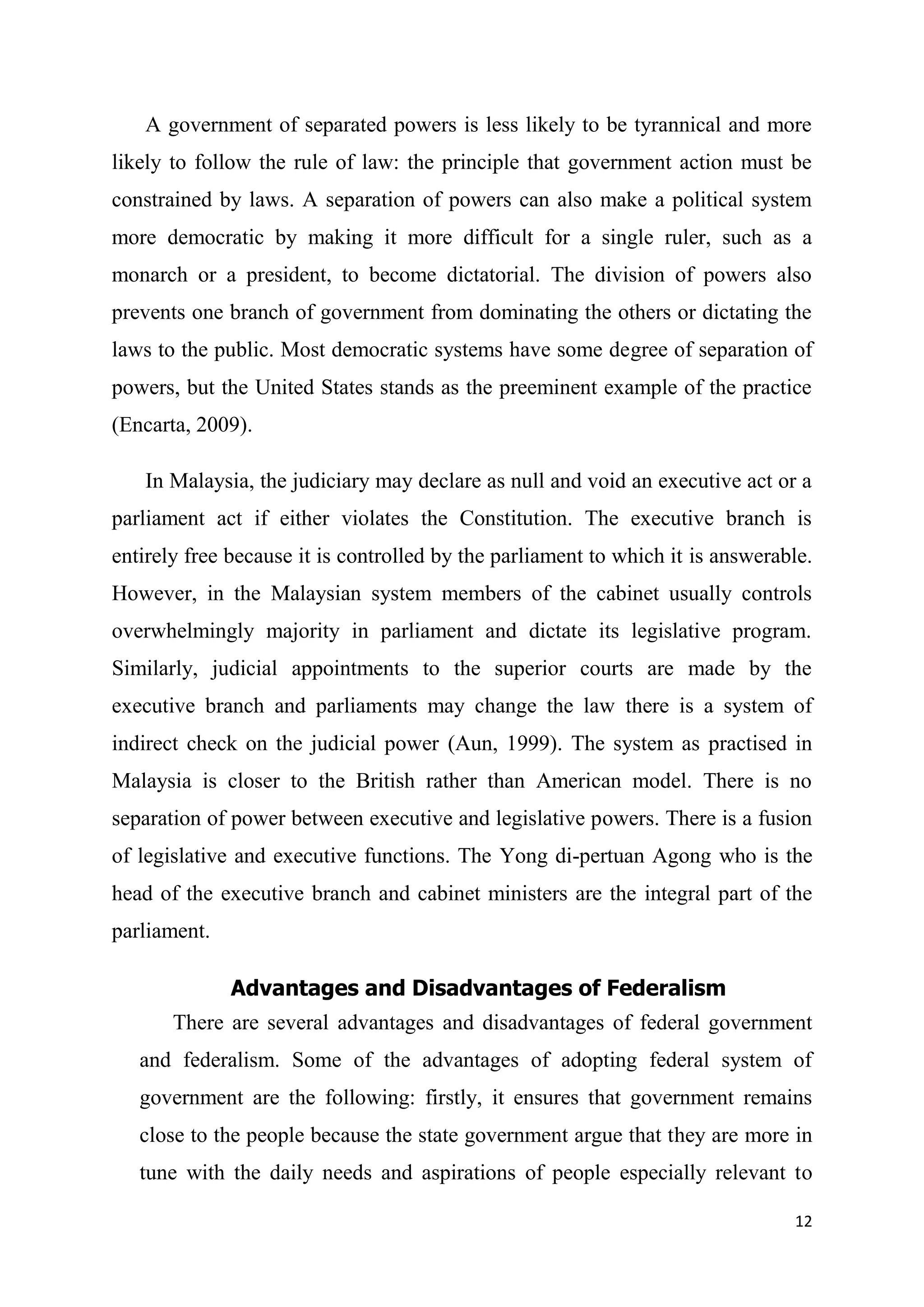 Federal system of government in malaysia | DOCX