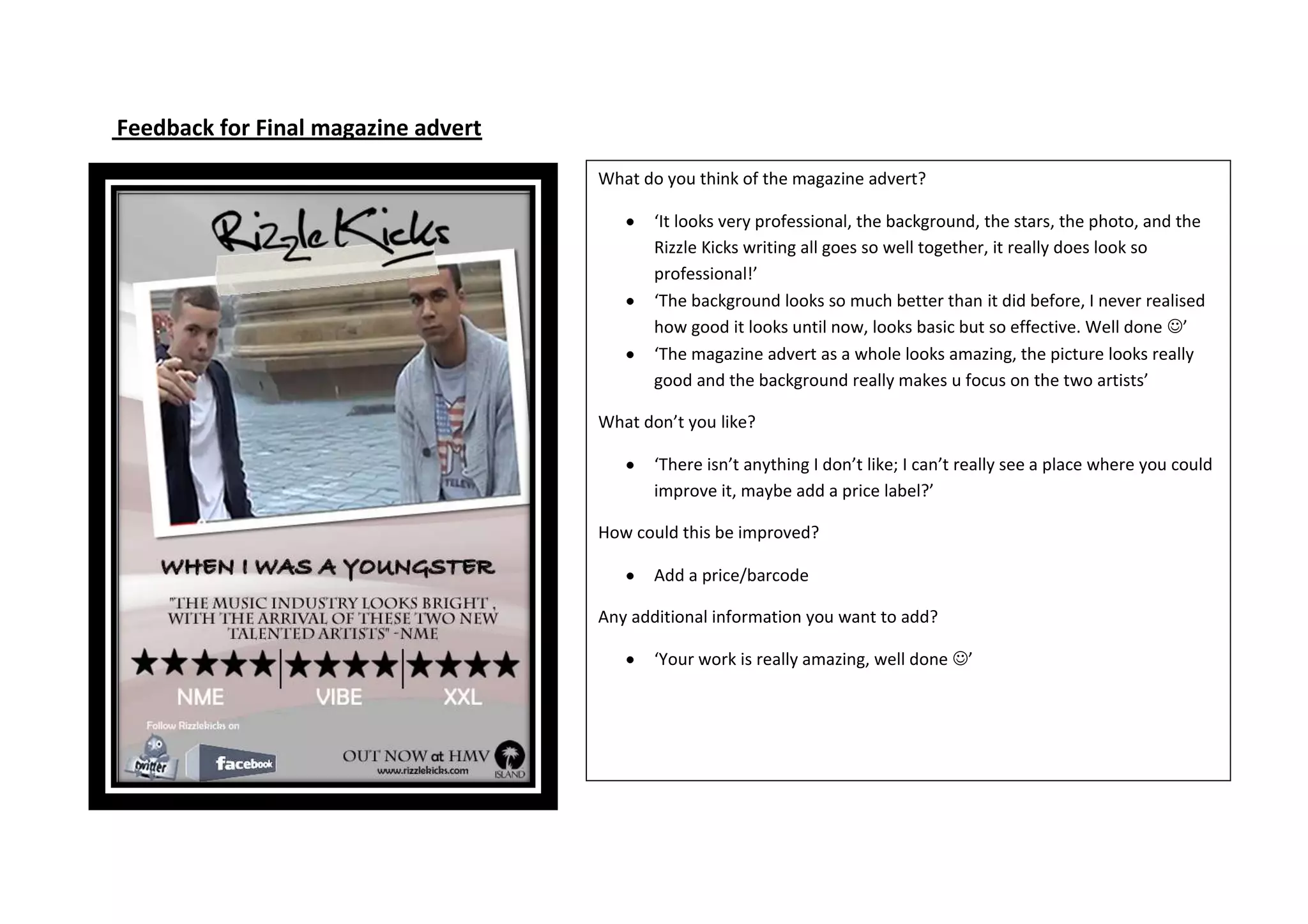 Feedback for final magazine advert | PPT