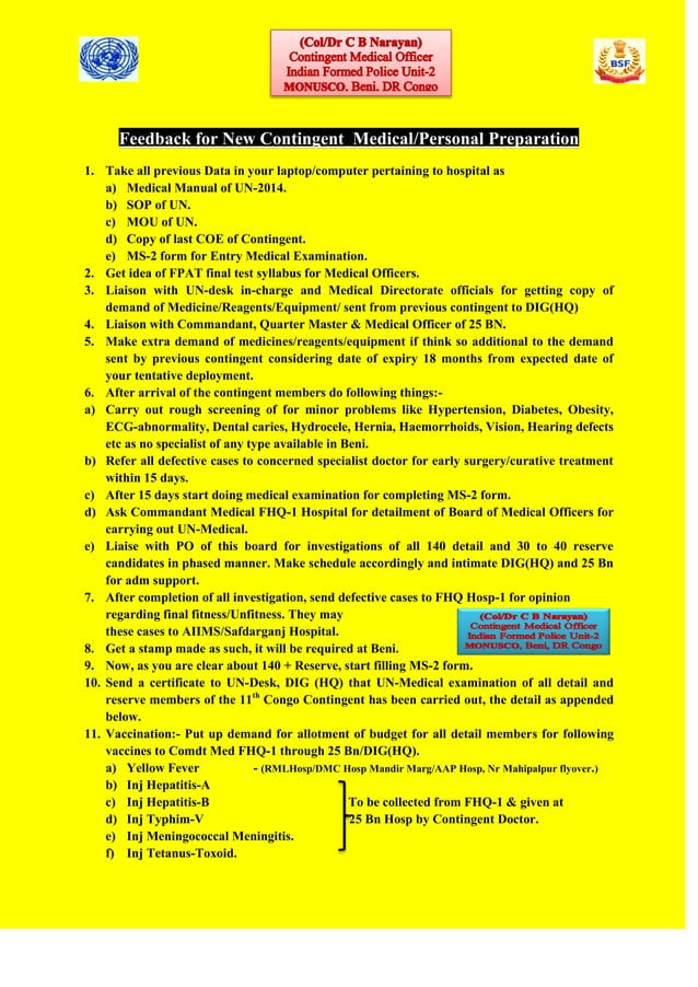 Guideline/Checklist for Contingent Medical Officer going on UN Mission ...