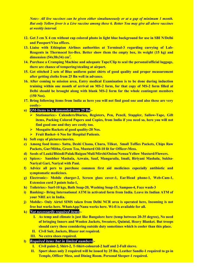 Guideline/Checklist for Contingent Medical Officer going on UN Mission ...