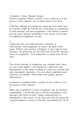 Feedback from Team about me Teammate’s Name Marquis Ho | DOCX | Zoos & Aquariums | Attractions