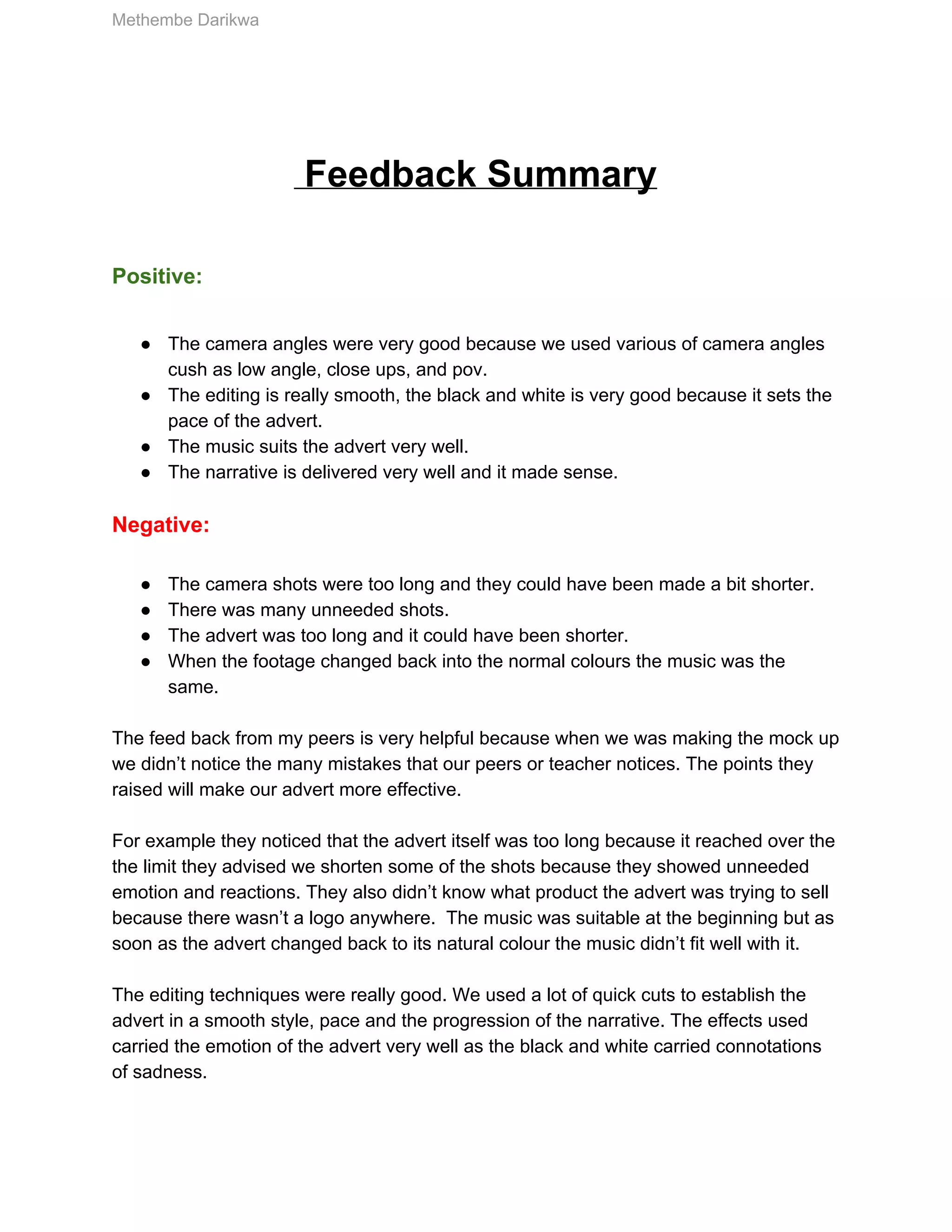 Feedbacksummary | PDF