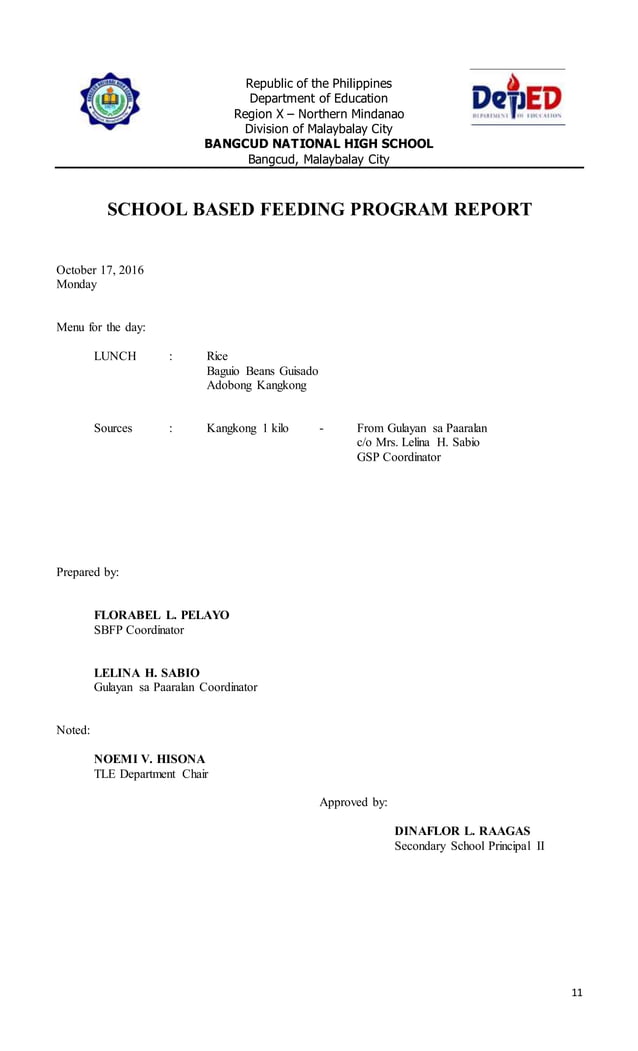 Bangcud National High School Feeding program report | DOCX | Nutrition ...