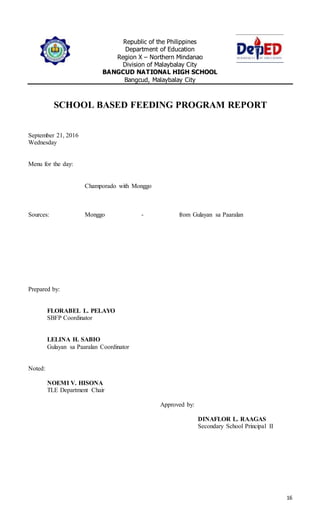Bangcud National High School Feeding program report | DOCX