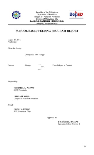 Bangcud National High School Feeding program report | DOCX
