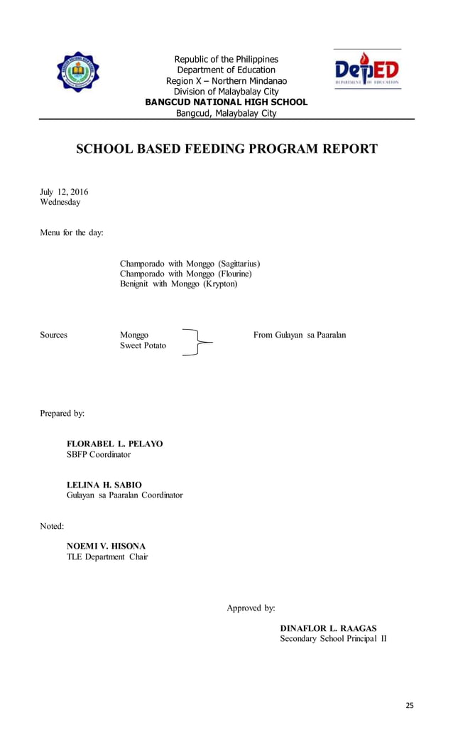 Bangcud National High School Feeding program report | DOCX | Nutrition ...
