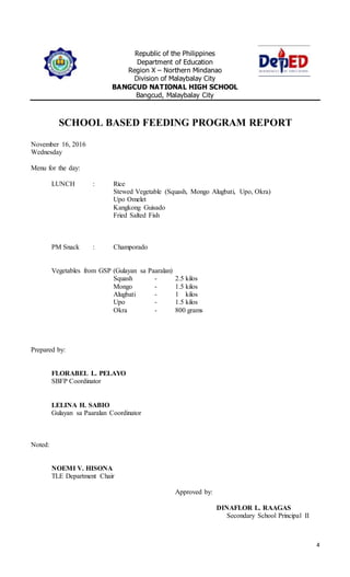 Bangcud National High School Feeding program report | DOCX
